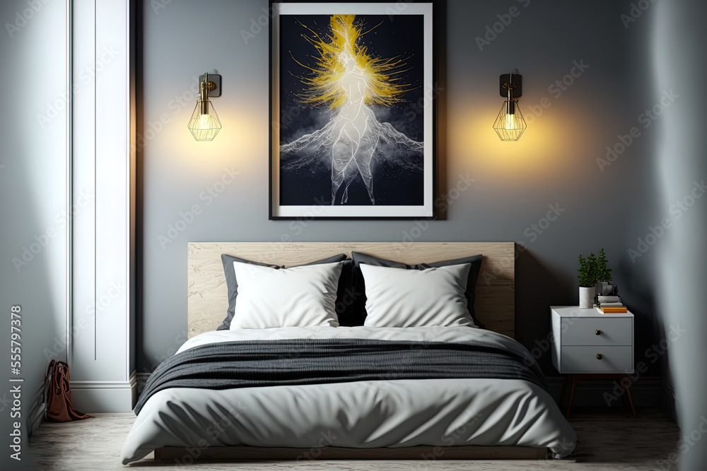 Stylish single bed in a well lit bedroom. Generative AI Stock ...