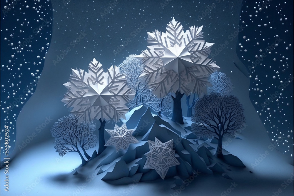 Blue and White Papercraft Winter Scene Winter Wonderland covered in ...
