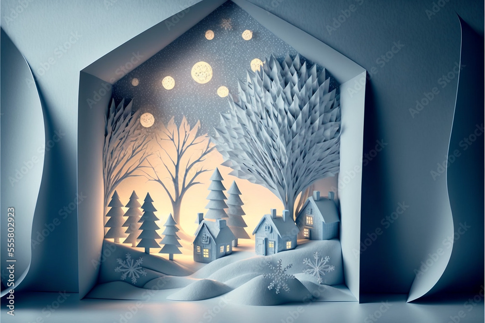 Blue and White Papercraft Winter Scene Winter Wonderland covered in ...