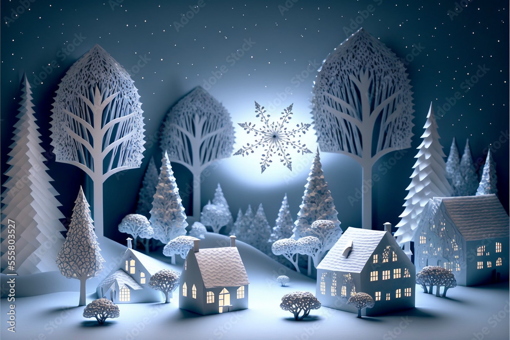 Blue and White Papercraft Winter Scene Winter Wonderland covered in ...