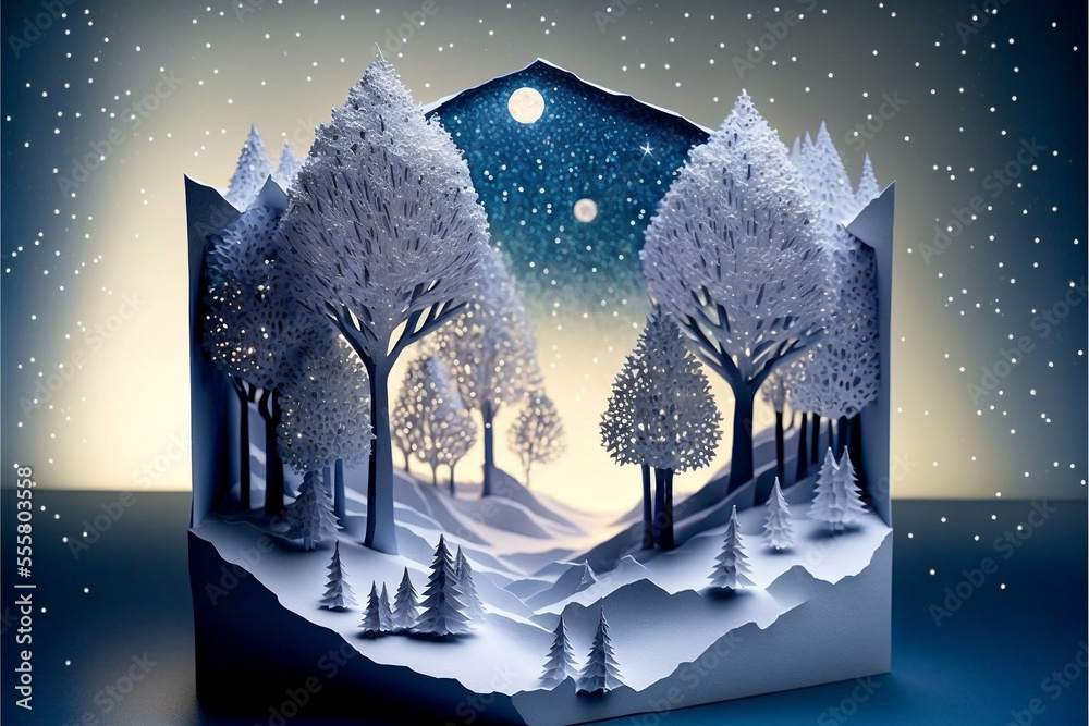 Blue and White Papercraft Winter Scene Winter Wonderland covered in ...