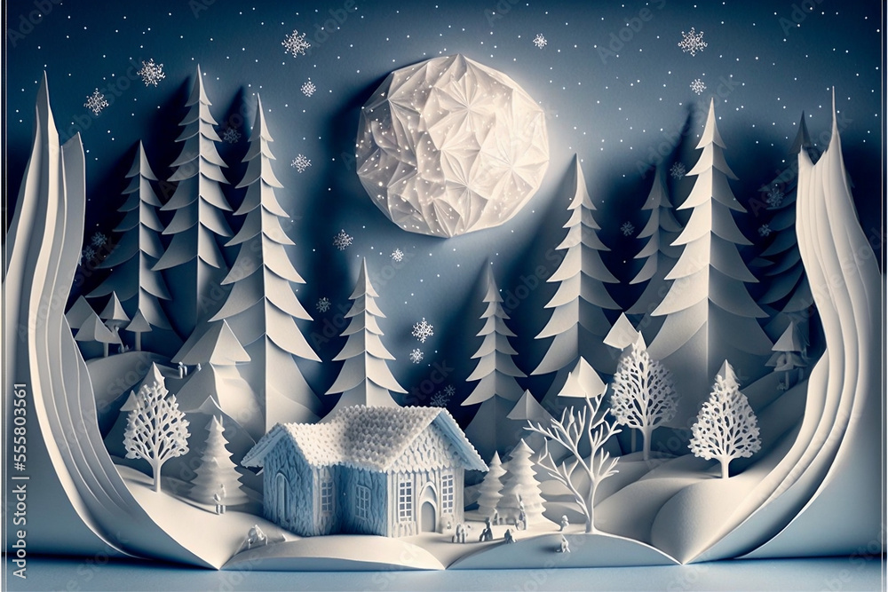 Blue and White Papercraft Winter Scene Winter Wonderland covered in ...