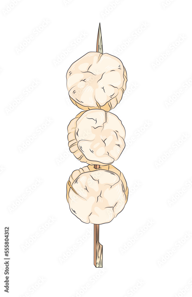 Vector black and white illustration of a Japanese kebab on a skewer ...