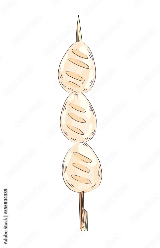 Vector black and white illustration of a Japanese kebab on a skewer ...
