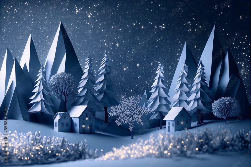 Blue and White Papercraft Winter Scene Winter Wonderland covered in ...