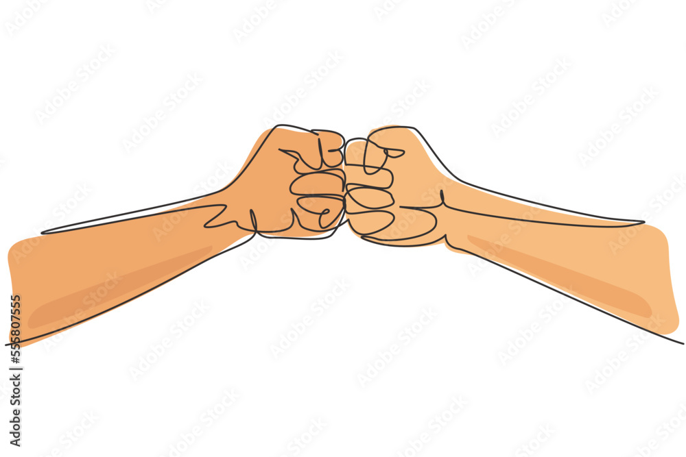 Continuous one line drawing two hands make fist bump. Sign or symbol of ...