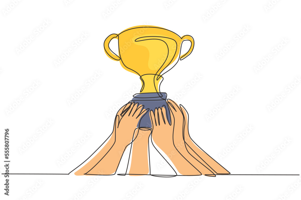 Continuous one line drawing golden trophy held by many hands. Symbol of ...