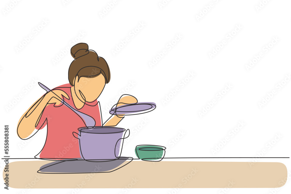 Continuous one line drawing beautiful housewife enjoying smell of ...