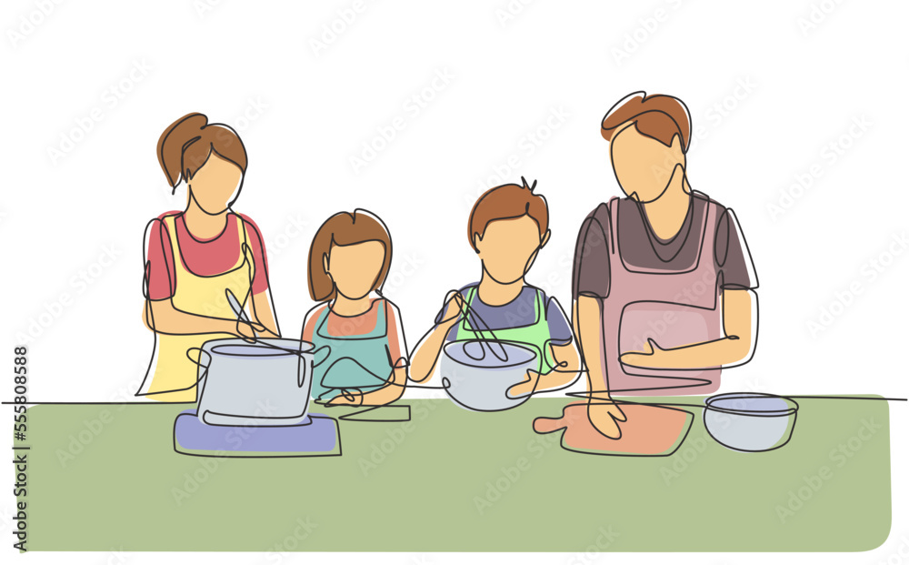 Continuous one line drawing happy family mom, dad, little daughter and ...