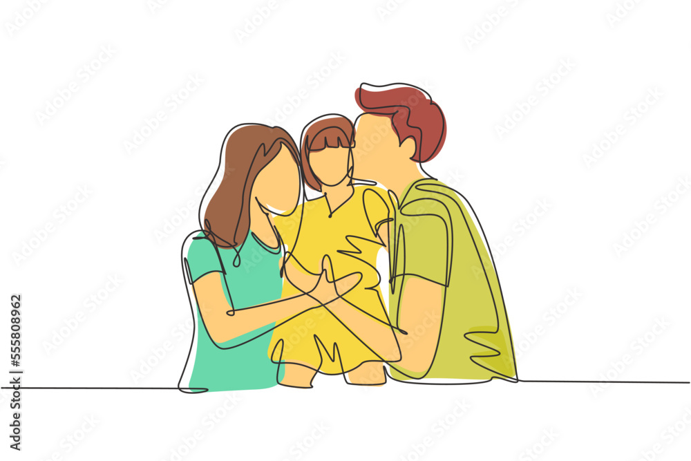 Single continuous line drawing parents kissing their little girl on her ...