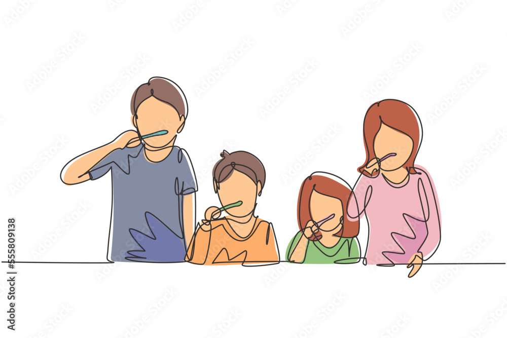Single continuous line drawing happy family brushing their teeth ...