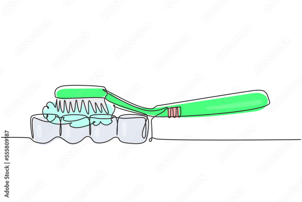 Single one line drawing toothbrush being used to brush teeth. Healthy ...