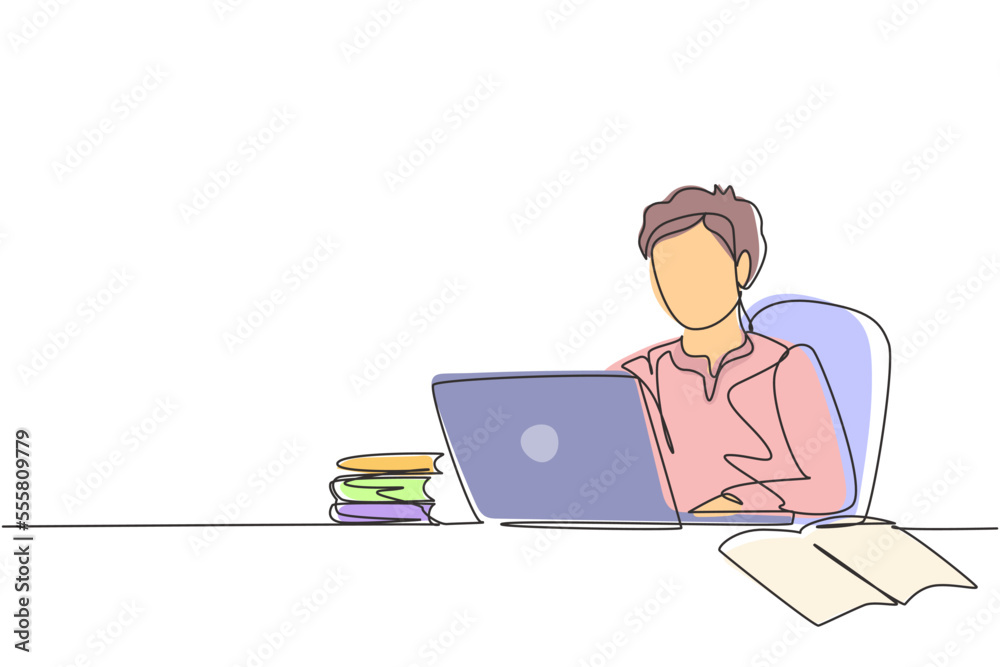 Continuous one line drawing young Arabian boy studying with laptop and ...