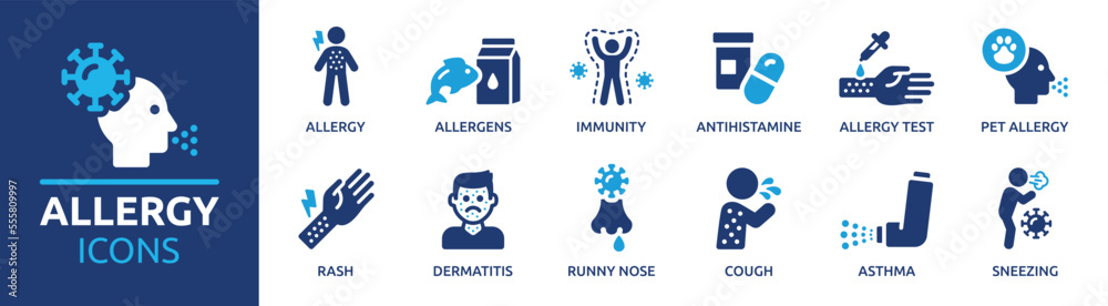 Vetor de Allergy icon set. Containing allergens, immunity, sneeze ...