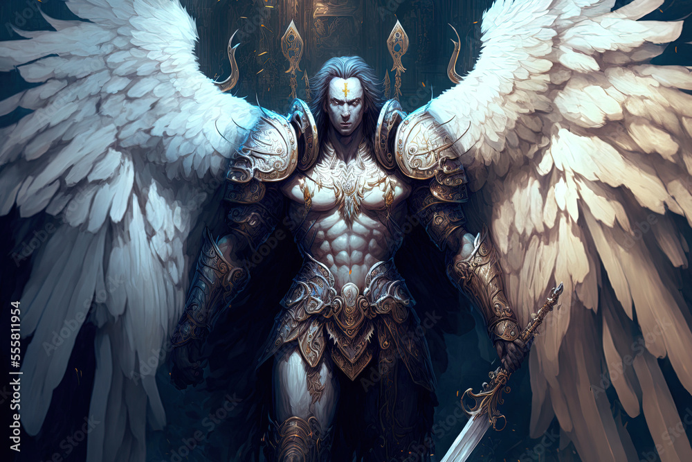 Raster artwork of a mystical angel in armor with large white wings ...