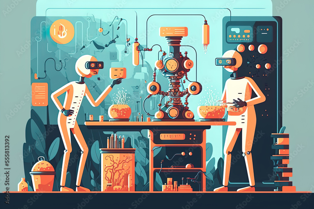 Robots being built by scientists in a lab, flat illustration. Cartoon ...