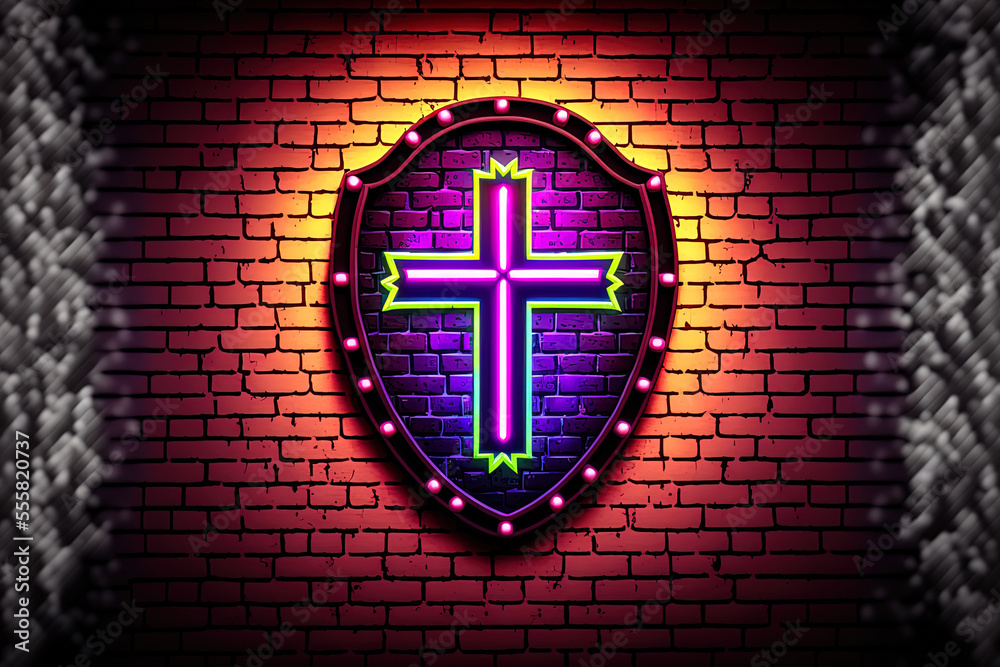On the background of a brick wall, a neon cross with a brilliant cross ...
