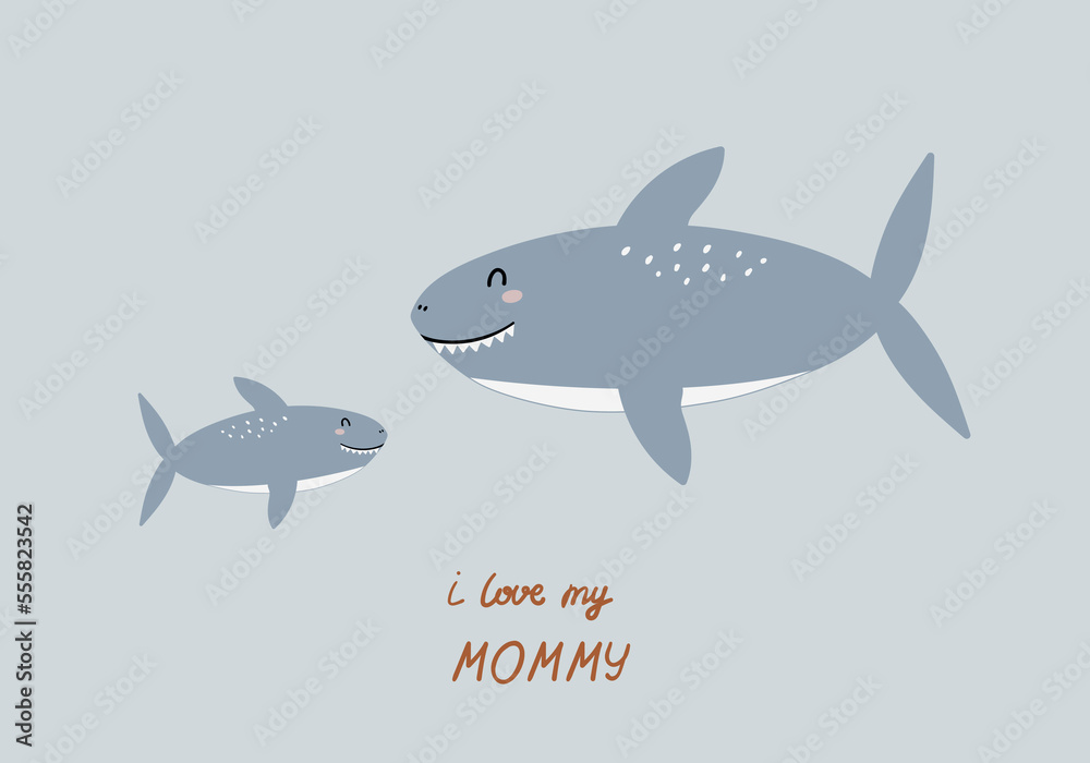 Hand drawn shark mom and baby. Cute cartoon nursery print. Funny vector ...