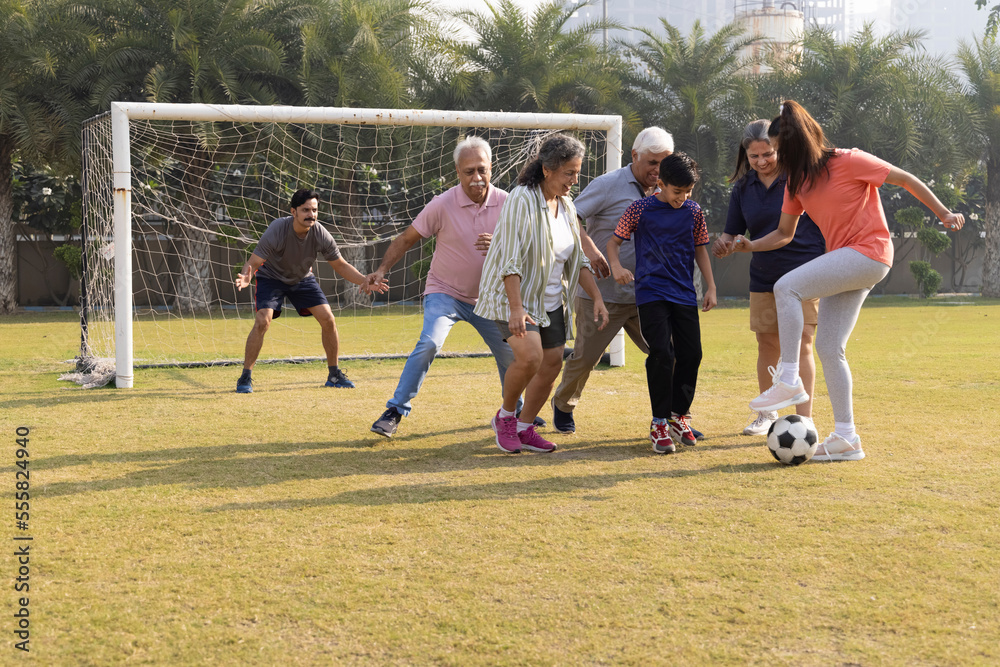 Happy multi generation family playing football together in the football ...