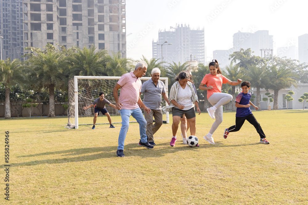 Happy multi generation family playing football together in the football ...