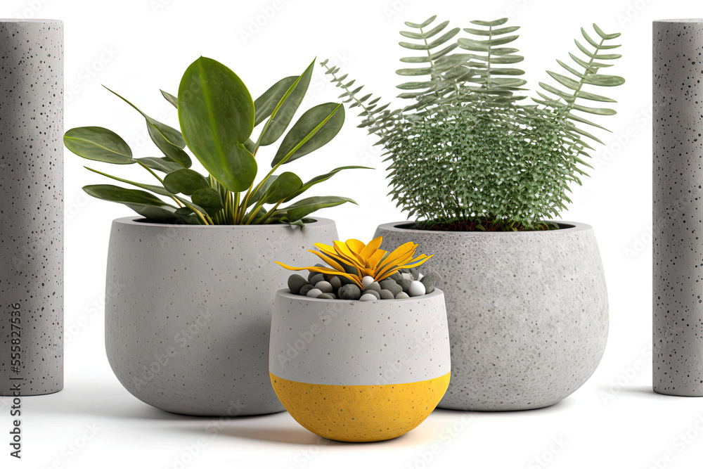 Modern Cement Pots with Plants, Fiber Pots with Fake Plant Isolated on ...
