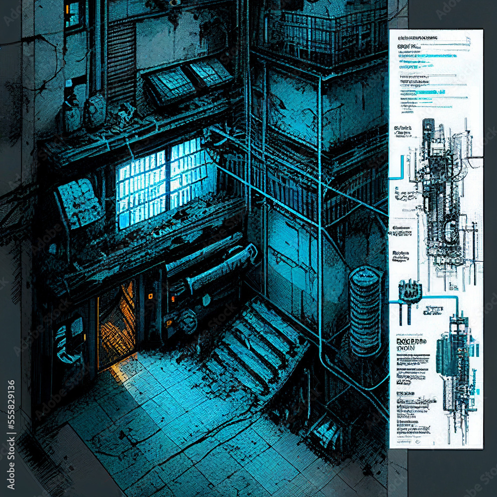 A full-page scan of concept art of a cyberpunk industrial catalog ...