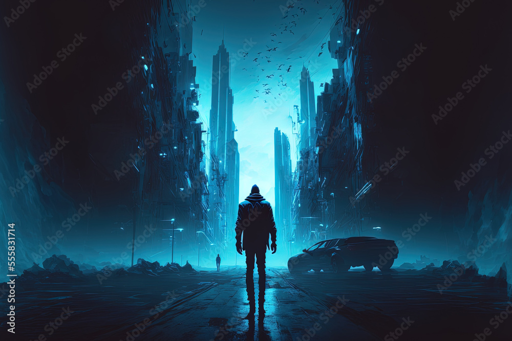 Man moving through a futuristic metropolis. digital artwork of a ...