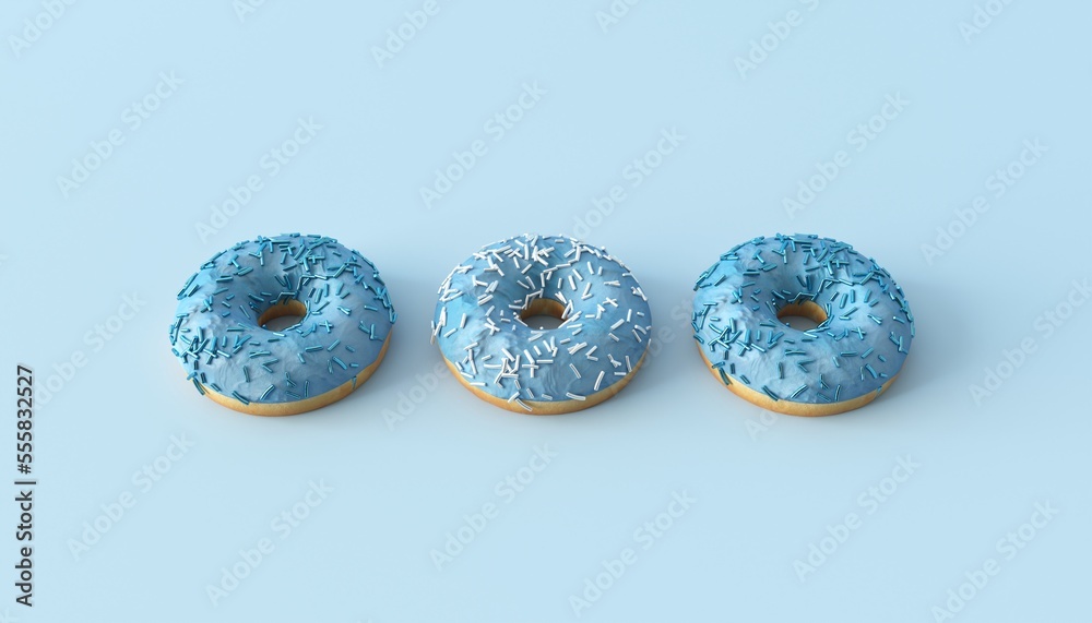 Three colorful frosting fried american donuts blue background in row ...