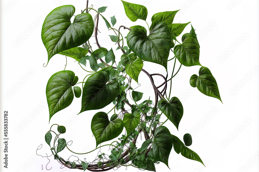 Isolated on a white background, large tangled jungle vines with leaves ...