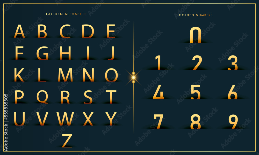 golden alphabet letters and numbers set with a modern and unique style ...