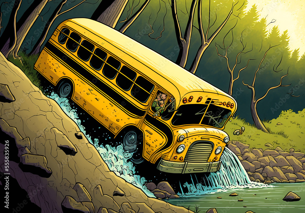 school bus racing down a steep hill that has a ramp at the base to jump ...