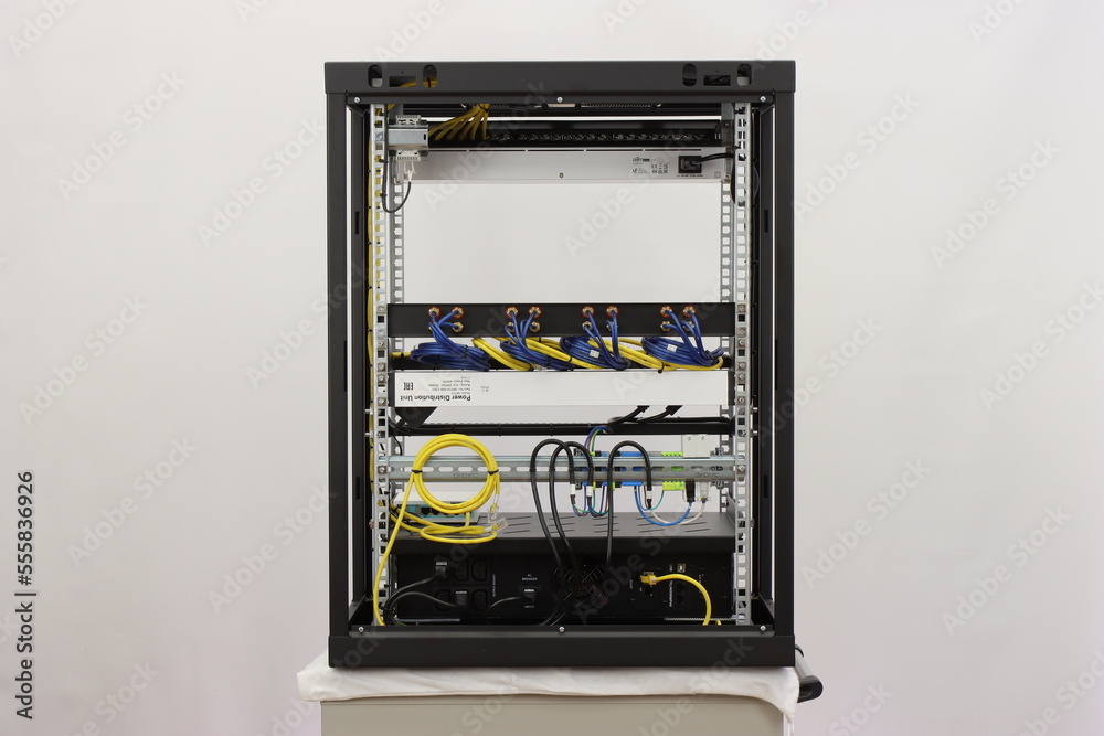 Telecommunication rack with installed equipment for Ethernet connection ...