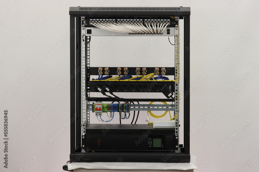 Telecommunication rack with installed equipment for Ethernet connection ...