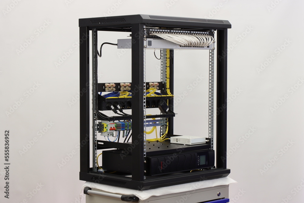 Telecommunication rack with installed equipment for Ethernet connection ...