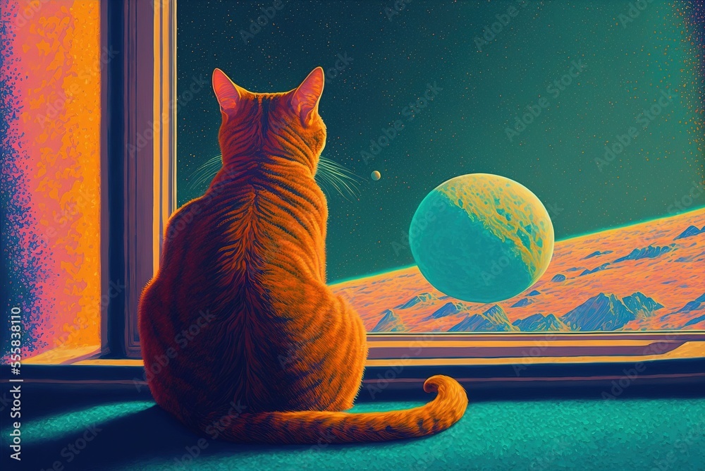 Lonely ginger cat sitting on a futuristic space apartment window ledge ...