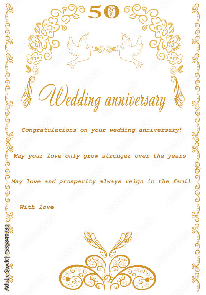 50th wedding anniversary card for greetings and writing text. Golden ...