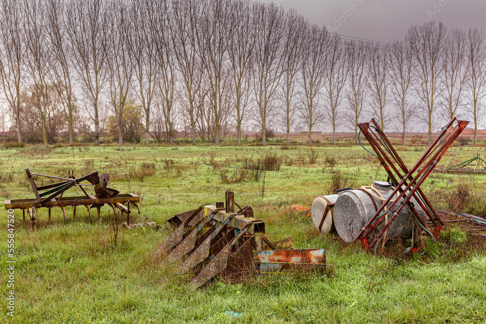 Old disused farm machinery, meadow and poplars. San Pedro de las Dueñas ...