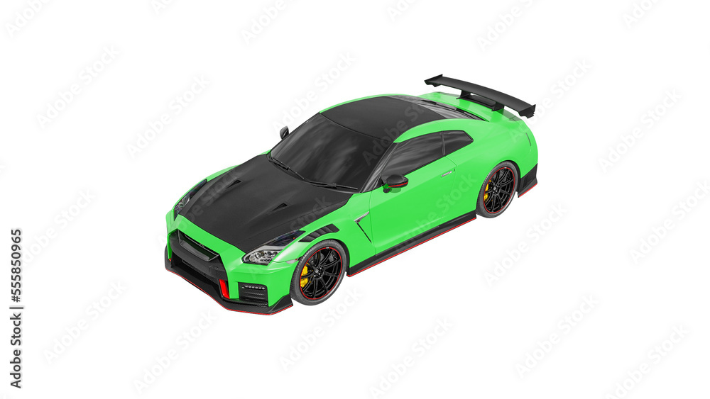 Nissan gtr NISMO on white, 3d rendering of green Nissan ONG transparent ...