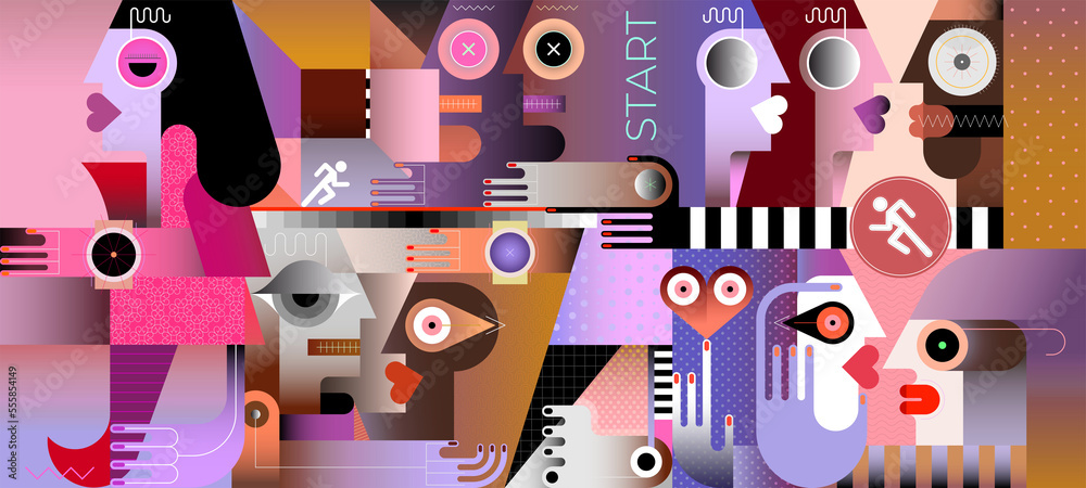 Horizontal abstract graphic illustration of several small groups of run ...