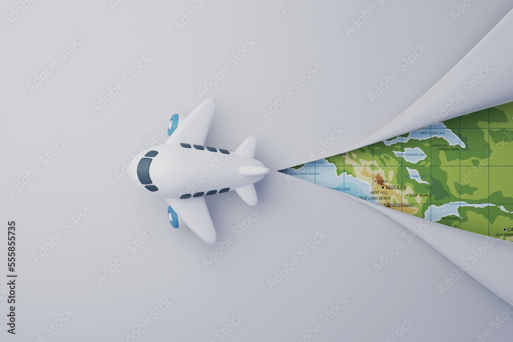 White airplane fly over white paper and rip paper to show world map ...