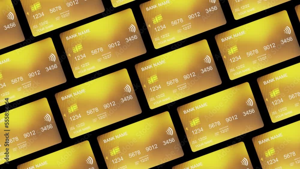 Multiple golden bank cards moving animation from top view, Golden ...
