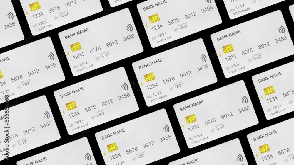 Multiple white bank cards moving animation from top view, White plastic ...