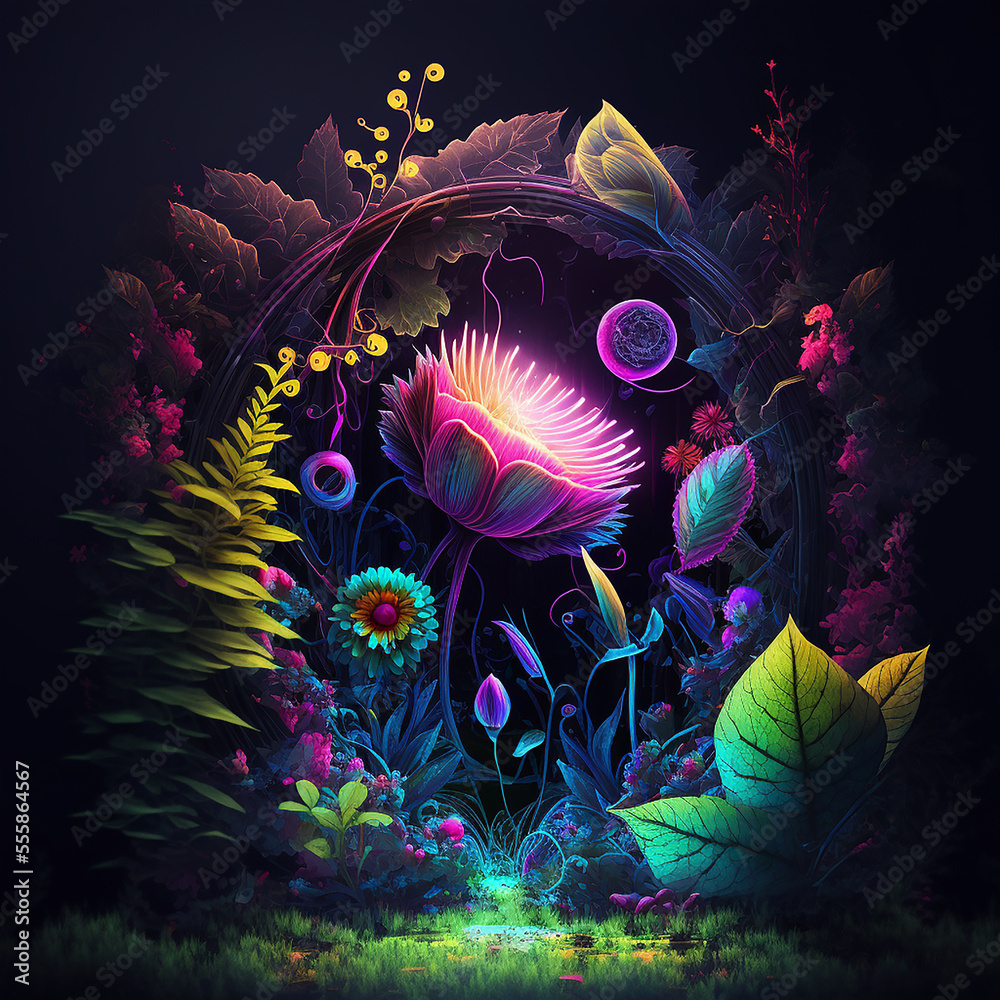 colorful fantasy floral sci-fi neon portal. Flower plants with neon ...