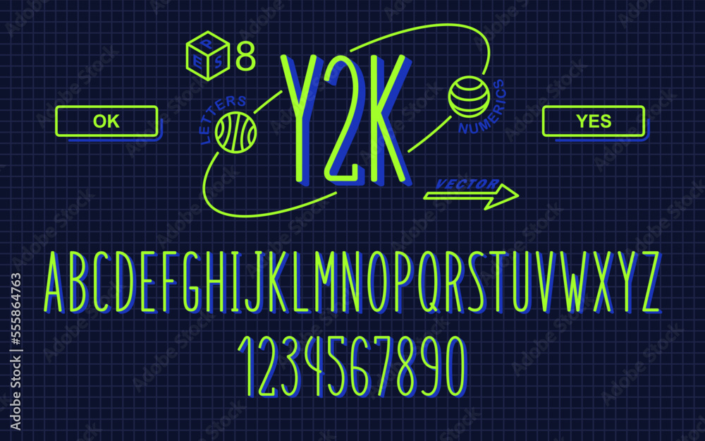 Vertical very long font in Y2K style. Trendy graphics in the style of ...