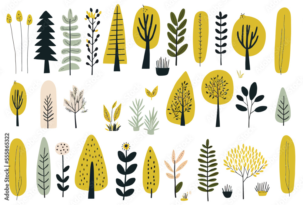 Cute cartoon trees set isolated on white background. Modern abstract ...