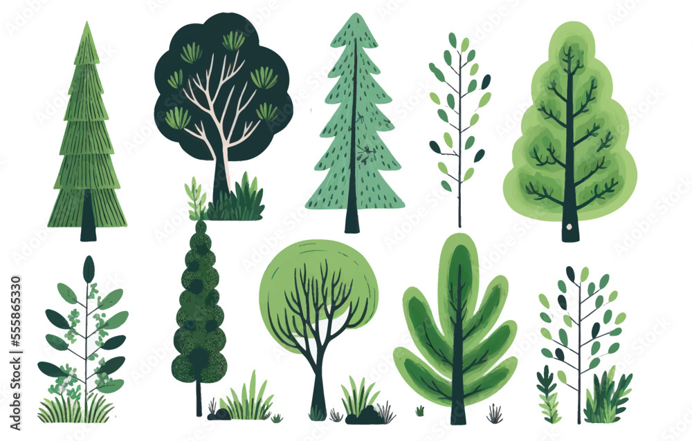 Cute cartoon trees set isolated on white background. Modern abstract ...