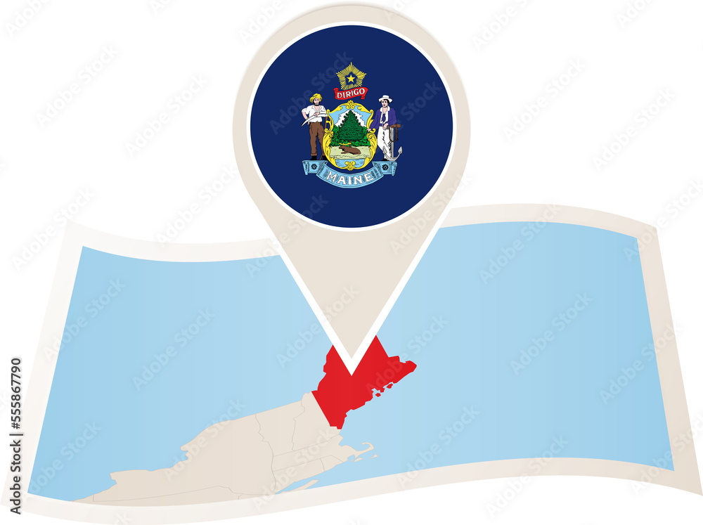 Folded paper map of Maine U.S. State with flag pin of Maine. Stock ...