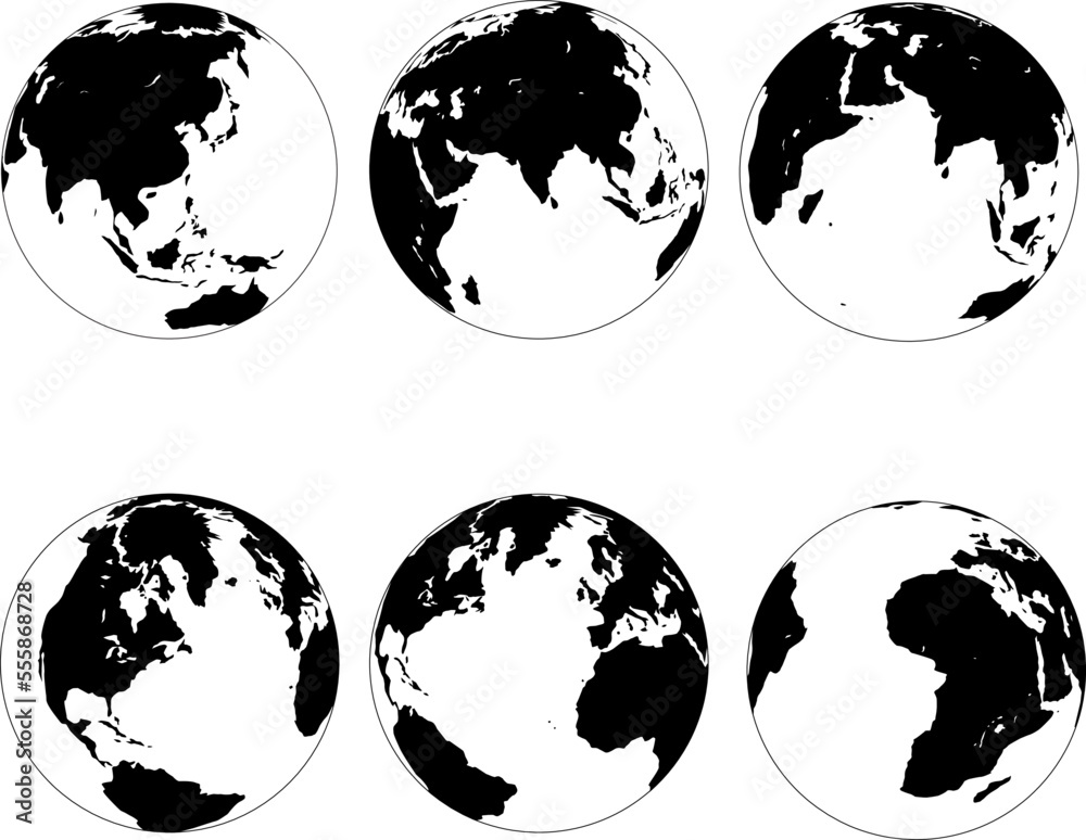 Vector world globe map on isolated background. Black and white ...