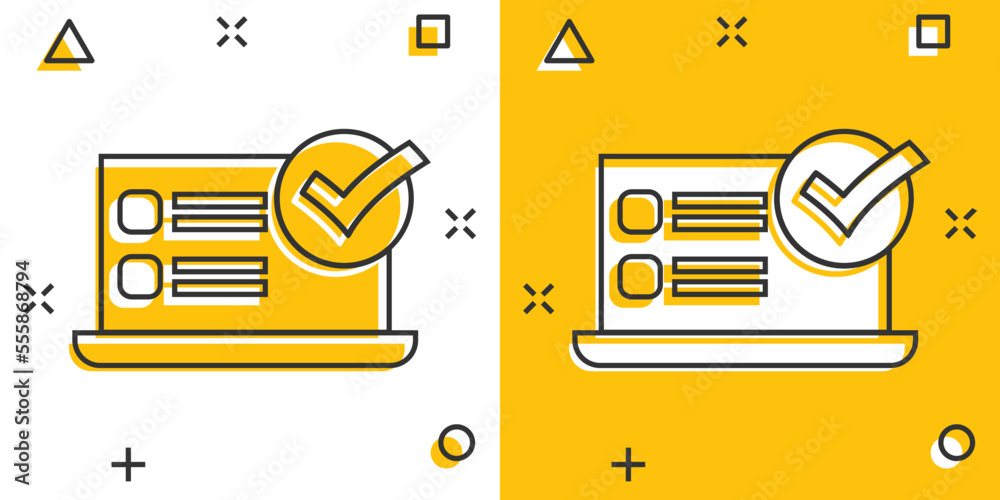 Laptop check mark icon in comic style. Computer approval cartoon vector ...