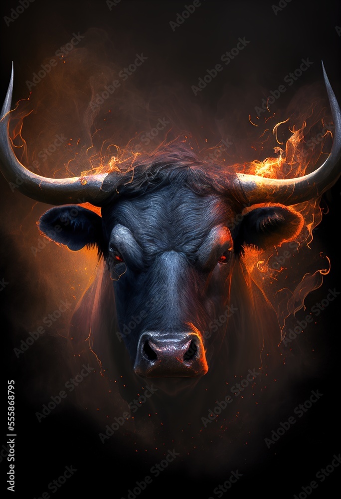 Stunning black bull portrait surround by flame and smoke on dark ...